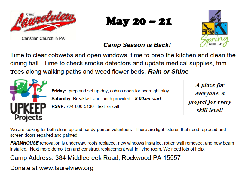 Work Weekend May 20, 2022 – Camp Laurelview